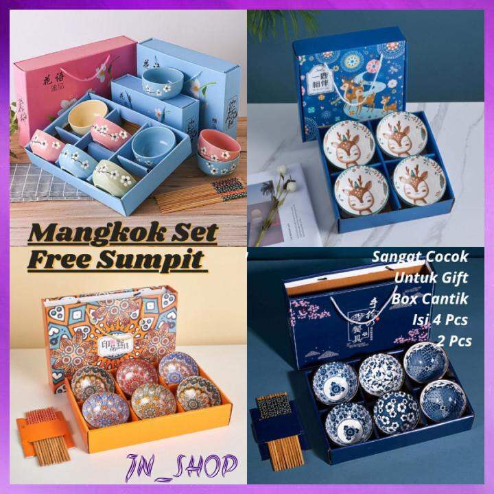Mangkok Set Japan Motif Antik Bahan Keramik Plus Paper Bag dan Sumpit ...