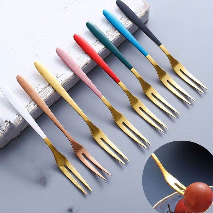 Stainless Steel Fruit Fork Cutlery Mini Two-Tine Fork for Party, Banquet, Dessert, Fruit, Cake ...