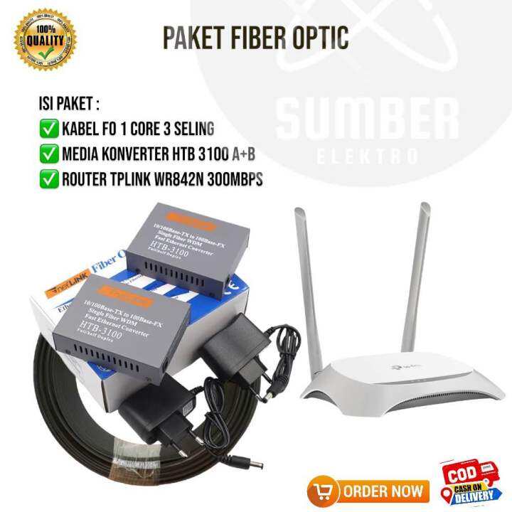 PAKET KABEL FIBER OPTIC DROPCORE 50 METER & MEDIA KONVERTER HTB 3100 A+B & ROUTER TPLINK TL ...