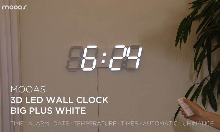mooas 3D LED Wall Clock Big Plus White, Modern Wall Clock, 12/24 Time display, date ...