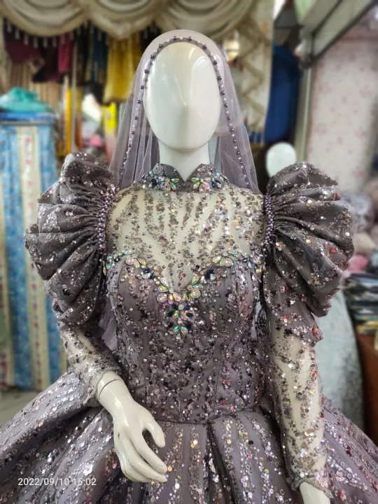 baju gaun pengantin wedding dress warna ungu taro premium mekar lengan ...