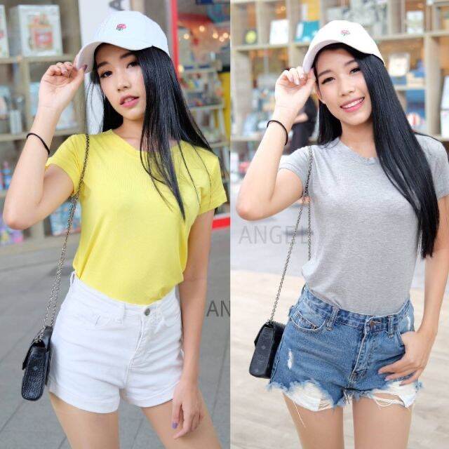 T103 คอกลมแขนสั้น งานป้าย | Lazada.co.th