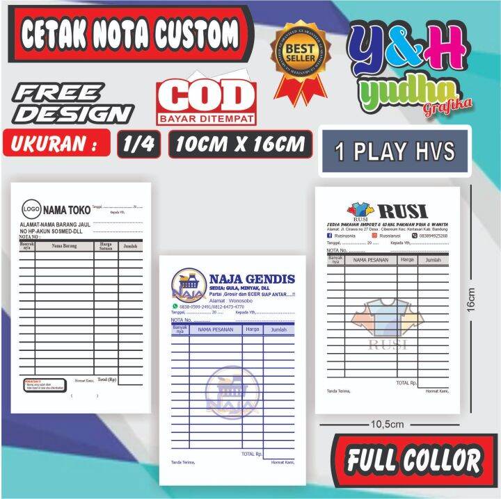 Nota Costum 1/4 (1 Ply) isi 100 lembar Nota Laundry Nota Warung Makan ...
