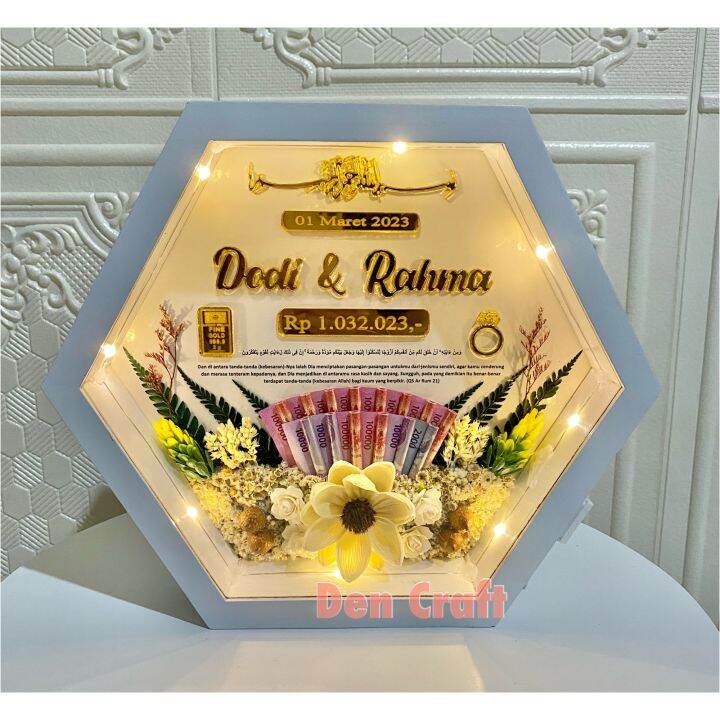 CUSTOM MAHAR PERNIKAHAN UANG FRAME BINGKAI HEXAGONAL BAHAN RUSTIK KAYU ...
