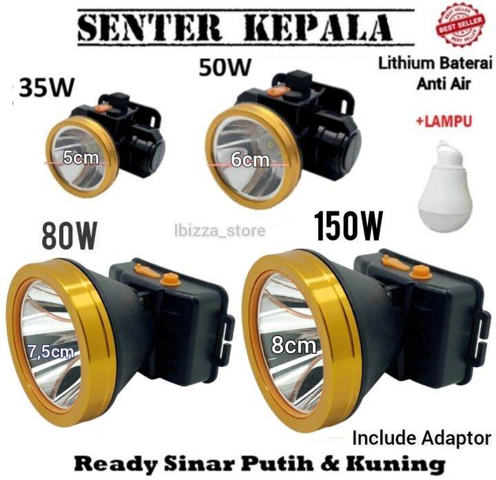Senter Kepala LED 20w 35w 50w 80W 150W Super Terang Baterai Lithium ...