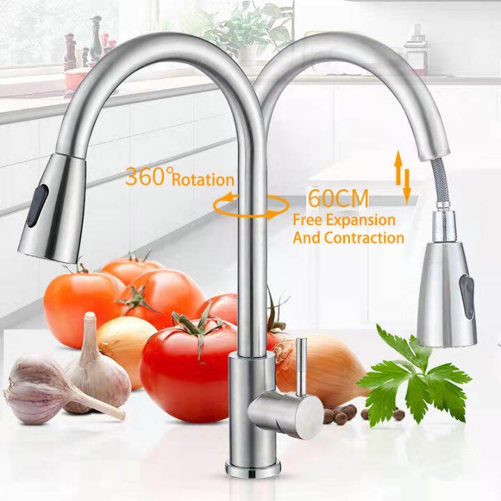 304 Stainless Steel Kitchen Faucet Pull Faucet 360° Flexible Telescopic ...