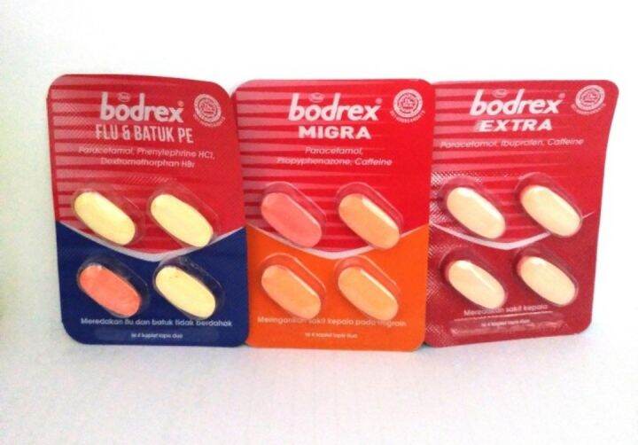 Bodrex biru flu dan batuk, orange migra untuk migrain, merah extra ...
