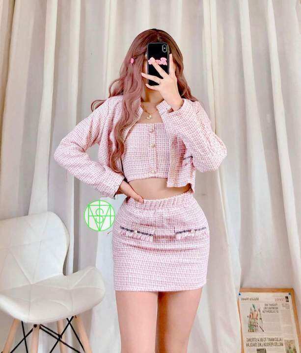 KOREAN CUTE TWEED SLEEVELESS CROP TOP & HIGHWAIST MINI SKIRT WITH LONG ...