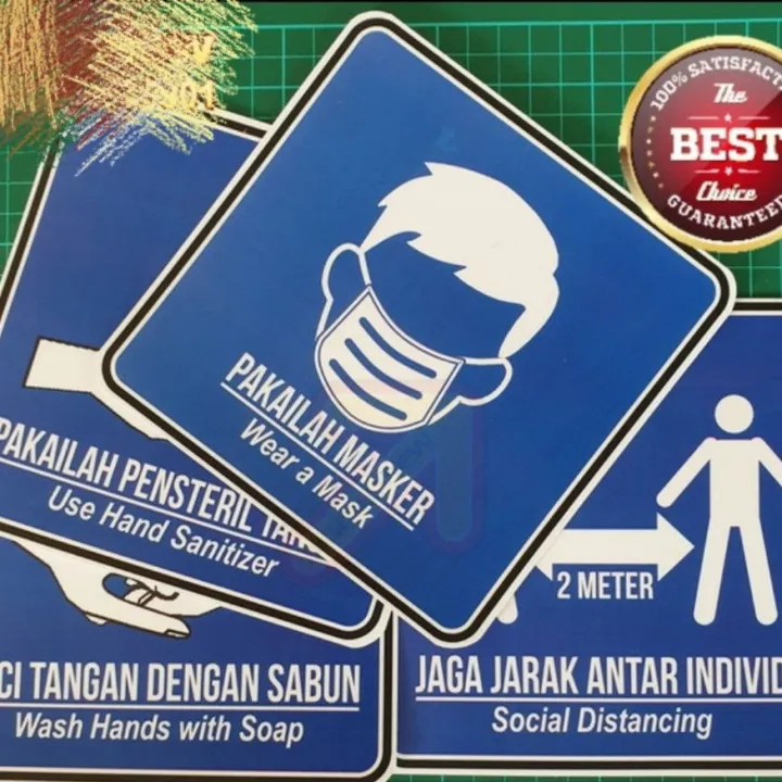 paket 4 Stiker 15x15 KESEHATAN PAKAI MASKER JAGA JARAK CUCI TANGAN 3M ...