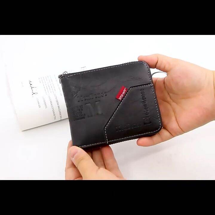 MenBense กระเป๋าเงินผู้ชาย กระเป๋าสตางค์ผู้ชาย น้ำมันแว็กซ์หนัง PU ...