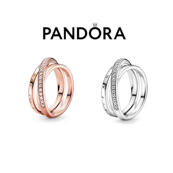 [ส่งจากกรุงเทพ]Pandora แหวน เงิน925 14k แหวนเพชร แหวนแฟชั่น Pavé Interlacing Three-Ring ...