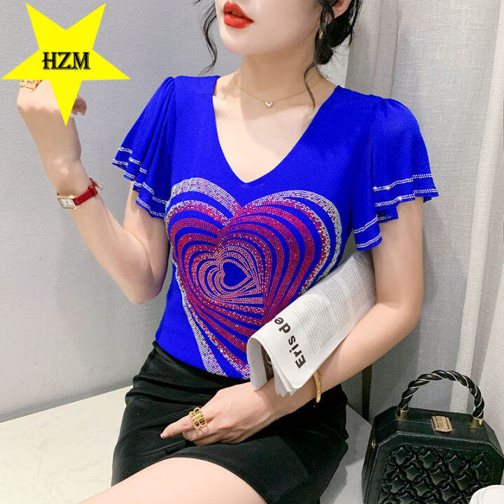 HZM 2023เสื้อยืดแขนสั้นแฟชั่นใหม่เข้าได้กับทุกชุดเสื้อยืดผ้าโปร่งตาข่ายคู่ที่กรอเล็บอุตสาหกรรม ...