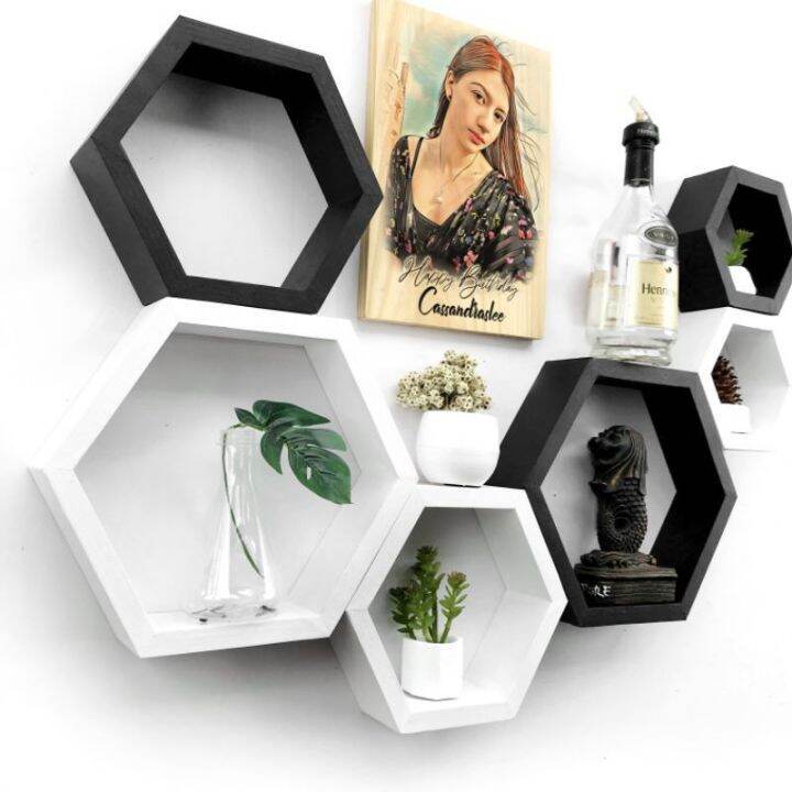 Rak Hexagonal Dinding Rak Segi Enam Rak Hiasan Dinding Kayu Hexagonal
