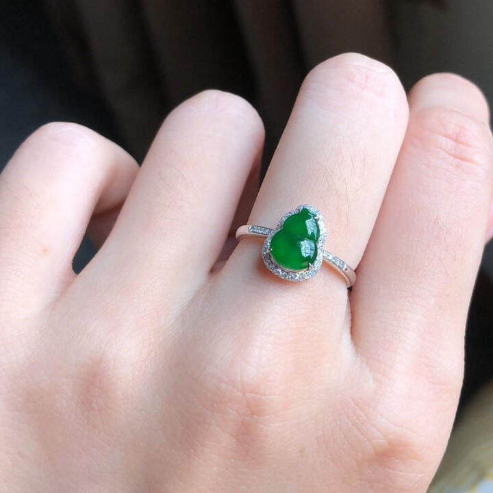 Rui Li แหวนน้ำเต้าหยกเขียวฝังเพชรเทียม S925แบบใหม่แหวนหยกแจสเปอร์แฟชั่นสำหรับผู้หญิงปรับขนาดได้ ...