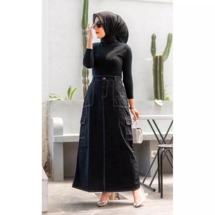 Vilia Rok Cargo Jeans Hitam Benang Putih Korean | Lazada Indonesia