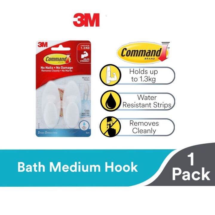 3M Command Wall Adhesive Waterproof Medium Hook - Damage Free Removable ...