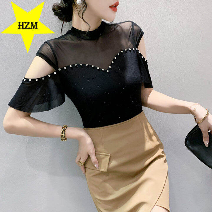 HZM เสื้อยืดแขนสั้นเข้ารูปเปิดไหล่,เสื้อยืดแขนสั้นสไตล์ต่างประเทศเปิดไหล่เปิดไหล่2023ฤดูร้อน ...