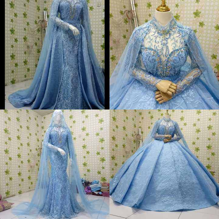 Gaun pengantin model 3 in 1 sudah full payet warna baby blue | Lazada ...