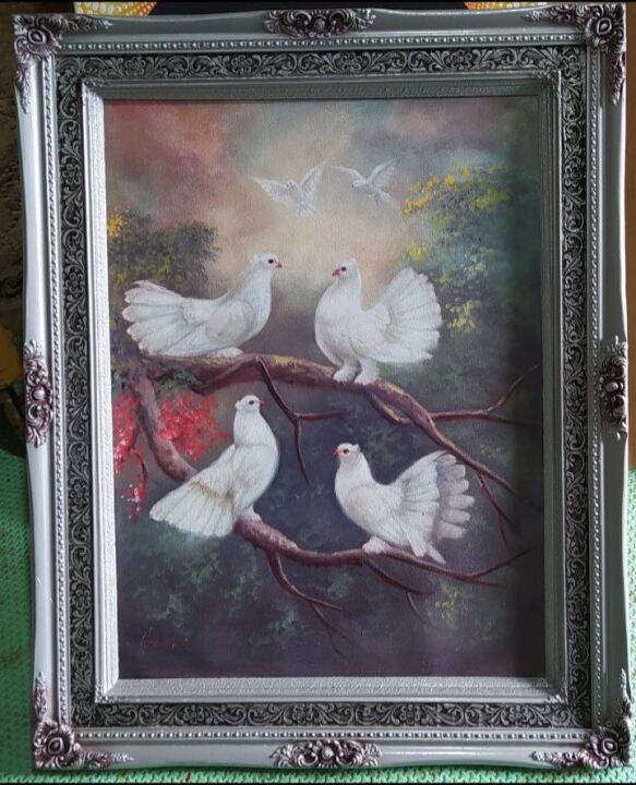 lukisan burung merpati ukuran 100x80 sudah dengan bingkai | Lazada ...