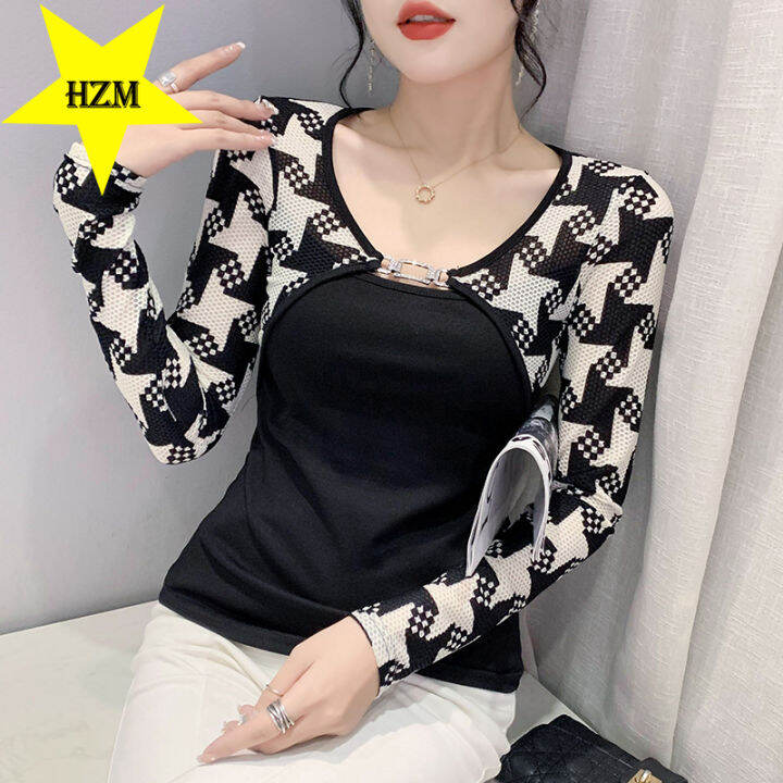 HZM เสื้อแขนยาวปลอมสองชิ้น2023ฤดูใบไม้ร่วง,เสื้อยืดแฟชั่นและบาง | Lazada.co.th