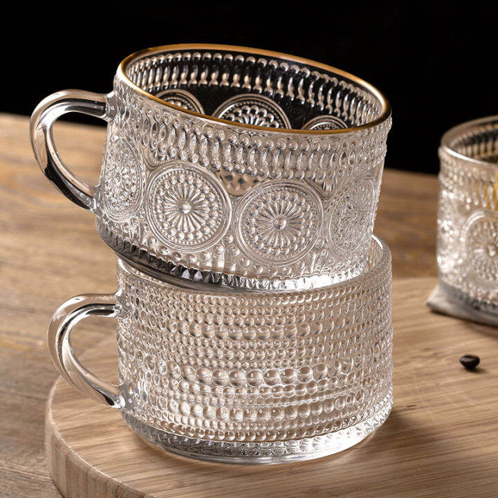 Jujia Jia แก้วแกะสลักแก้วลายดอกทานตะวันขอบทองวินเทจสไตล์นอร์ดิกพร้อมที่ ...