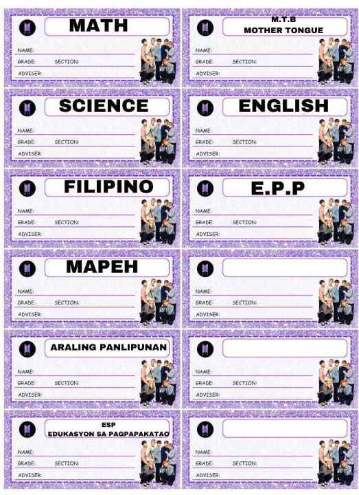 Notebook Sticker BTS 12pcs with Subject (name, teacher & Grade writable ...