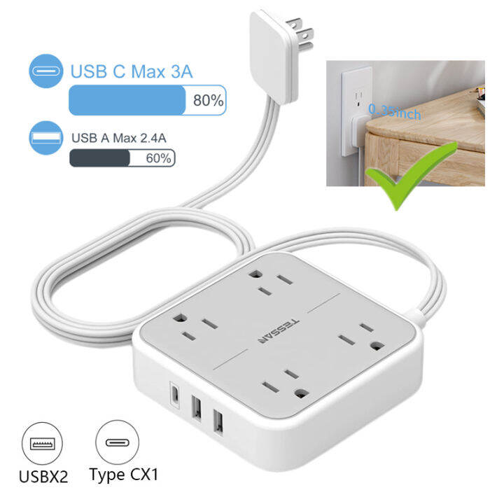 Tessan Type C Adapter Thin Plug Extension Cord Power Strip with USB C ...