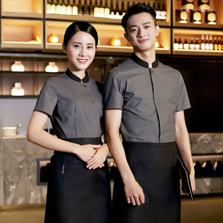 Lonier ชุดทำงานพนักงานแขนสั้นชุดยูนิฟอร์มพนักงานร้านอาหารฝรั่งร้านกาแฟ ...