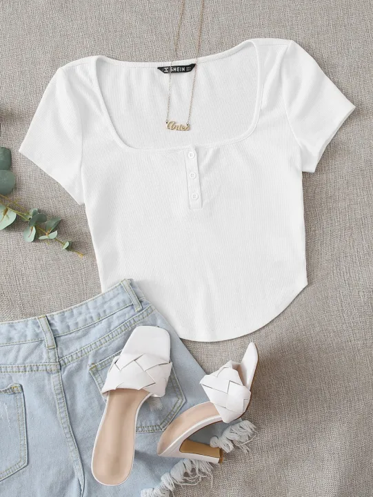 Shein Button Front Rib Knit Crop Top Lazada Ph