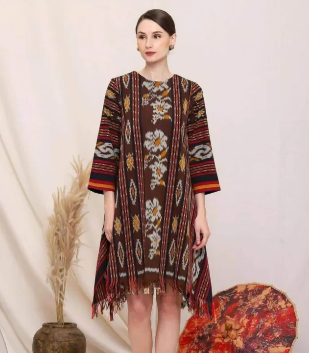 BAJU TENUN Dress Tenun Rote Rumbai Coklat | Lazada Indonesia
