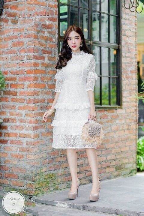 SG062 เดรสตัวยาวสีขาว แต่งระบายขอบ ด้านข้าง 2 ข้าง | Lazada.co.th