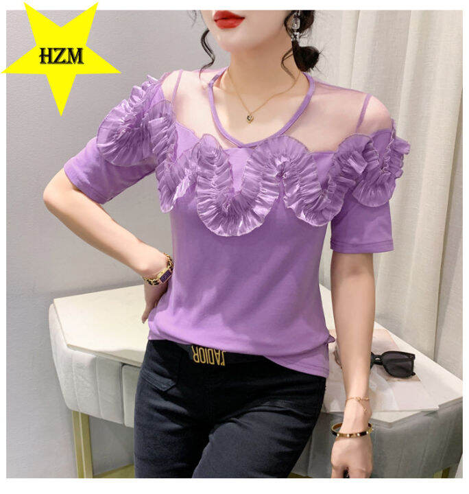 HZM 2023เสื้อยืดสามมิติคอวีแขนสั้นฉบับภาษาเกาหลีคู่กับเย็บสีสดขอบทำจากไม้สำหรับฤดูร้อน | Lazada ...