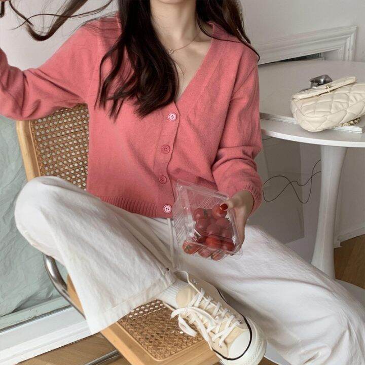 เสื้อคลุมคาร์ดิแกนถัก แขนยาว คอวี สีพื้น แฟชั่นสตรี TRA030 | Lazada.co.th