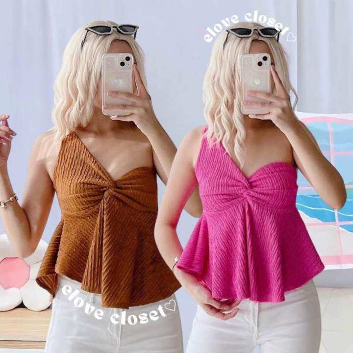 𝒆𝒍𝒐𝒗𝒆 𝒄𝒍𝒐𝒔𝒆𝒕 | STACEY TWISTED ONE SIDE PEPLUM TOP BARK CREPE | Lazada PH