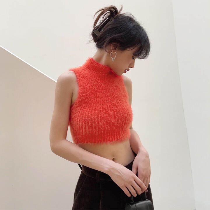 Leiyu เสื้อกั๊กขนโมแฮร์สำหรับผู้หญิงเสื้อไหมพรมใส่ด้านในเอวลอยเซ็กซี่แบบใหม่ฤดูใบไม้ร่วงและฤดู ...