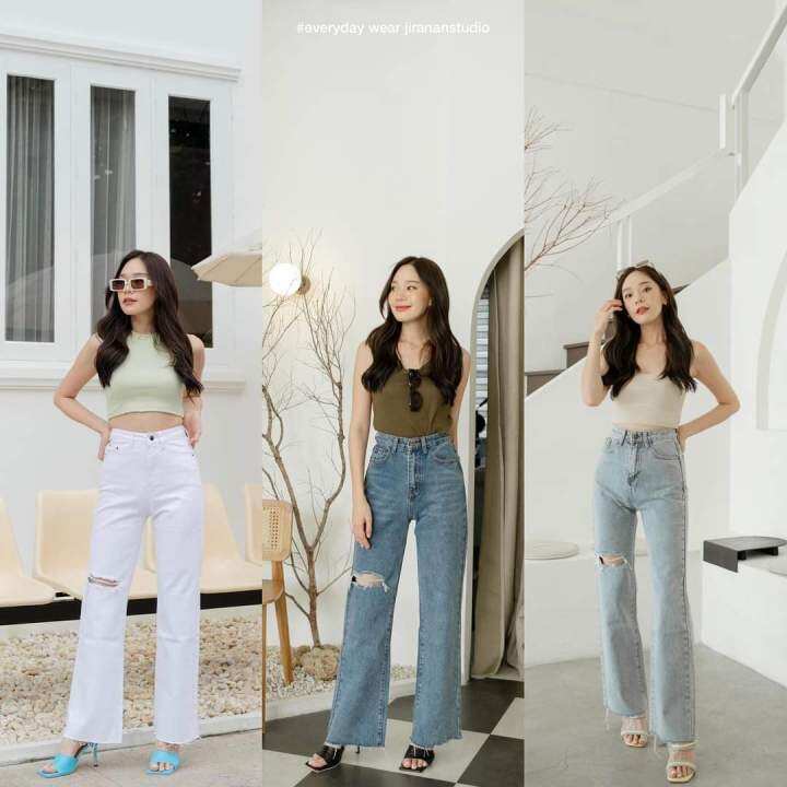 Jiranan 6793 กางเกงยีนส์กระบอกขาตรงเอวสูงเหนือสะดือ ผ้าไม่ยืด | Lazada ...