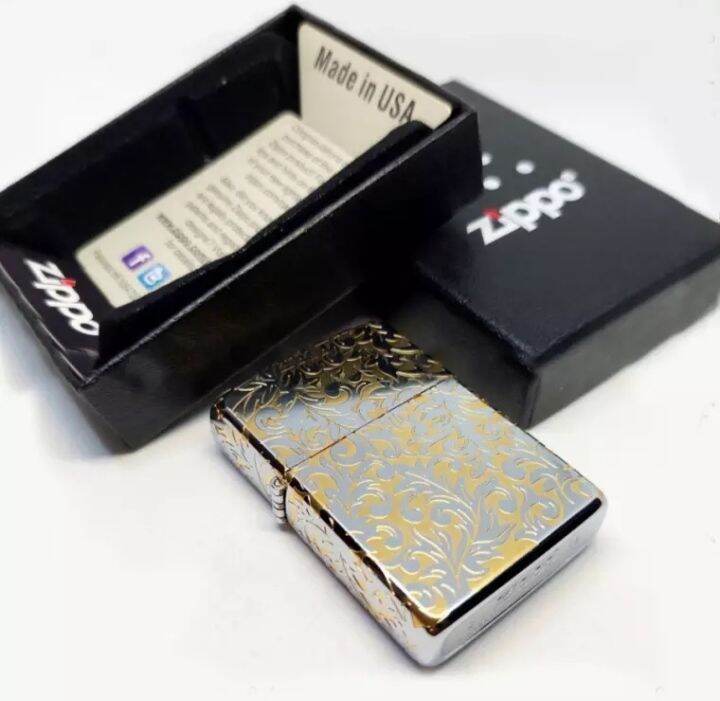 (Free Box) Korek Api Zippo Silver Gold Grafir Bunga Full Case Made In ...