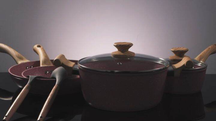 Innerwell Pink Granite periuk batu Non sticky Cookware Sets (8 Pcs) Pan ...