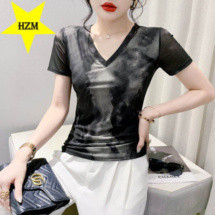 HZM เสื้อคอวีแขนสั้นเข้ารูป2023เทรนด์ฤดูร้อนเสื้อยืดสไตล์ต่างประเทศเส้นด้ายแฟชั่นยุโรป | Lazada ...