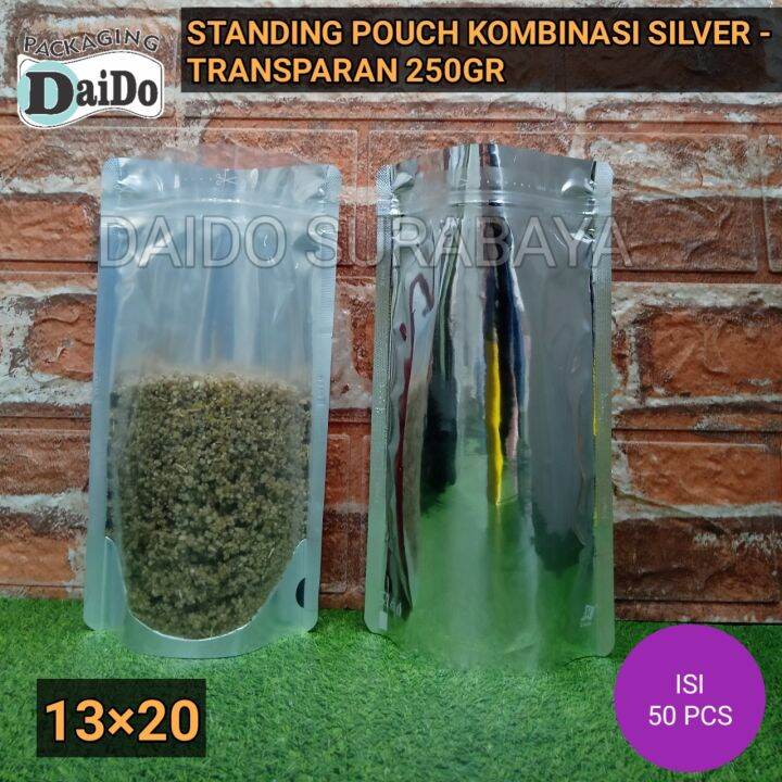 ISI 50 PCS Standing Pouch SILVER KOMBINASI 250 gram 13x20 cm TRANSMET KPACK KEMASAN KOPI KEMASAN ...