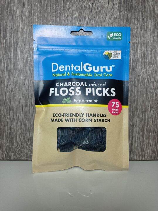 Dental Guru Charcoal Infused Floss Picks Peppermint 75 Floss Pics ...