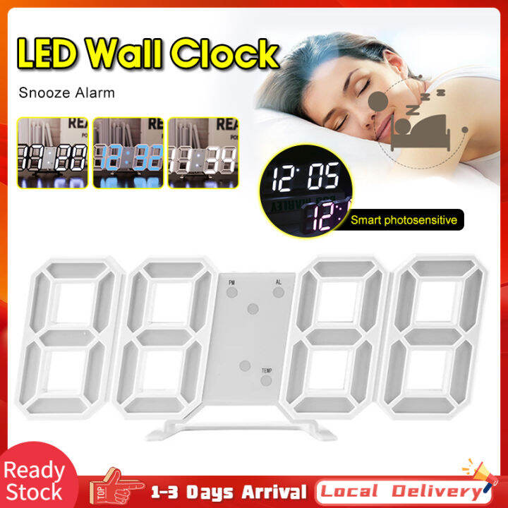 3D LED Digital Clock Table Desktop Wall Clock Date Time Display Temperature Night Mode Home ...
