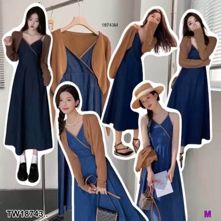 TW18743 Set 2 ชิ้น เสื้อคลุมแขนยาว เดรสยีนส์สายเดี่ยว .. | Lazada.co.th