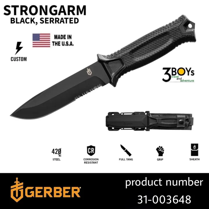 มีดGerber แท้ รุ่น Strongarm มีดด้ามตาย Full Tang ด้ามดำ ใบกึ่งหยักสีดำ ...