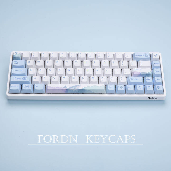 Keycap สำหรับ RK61คีย์บอร์ดแบบกลไก,130 Keycap สีน้ำเงินลายปลาวาฬชายหาด ...
