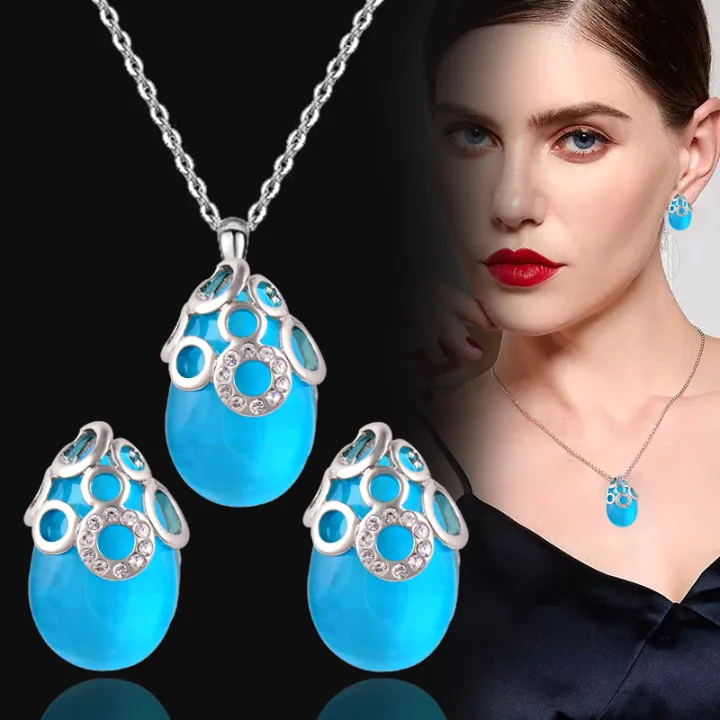 SINLEERY อินเทรนด์สีชมพูสีฟ้าโอปอลชุดเครื่องประดับเจ้าสาวสำหรับผู้หญิงน้ำหยดจี้สร้อยคอต่างหู ...