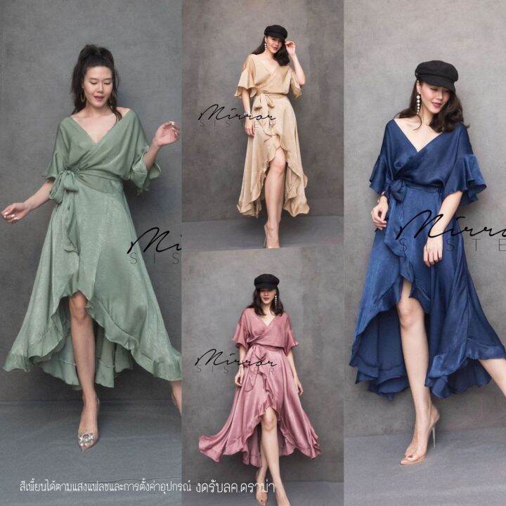 (นางแบบใส่ชุดขาย) LX SatiN X Bow Waist PartY DreSS เดรสซาติน เดรสทรงป้าย เดรสอกไขว้ คอวี มีสาย ...