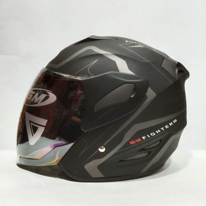 HELM GM FIGHTER GV2 BLACK SILVER DOFF HELM HALF FACE | Lazada Indonesia