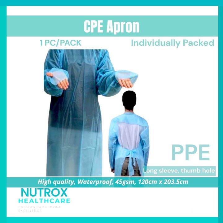 CPE Apron Long sleeves with thumb loop, waist with ties, 45gsm, 122cm x ...