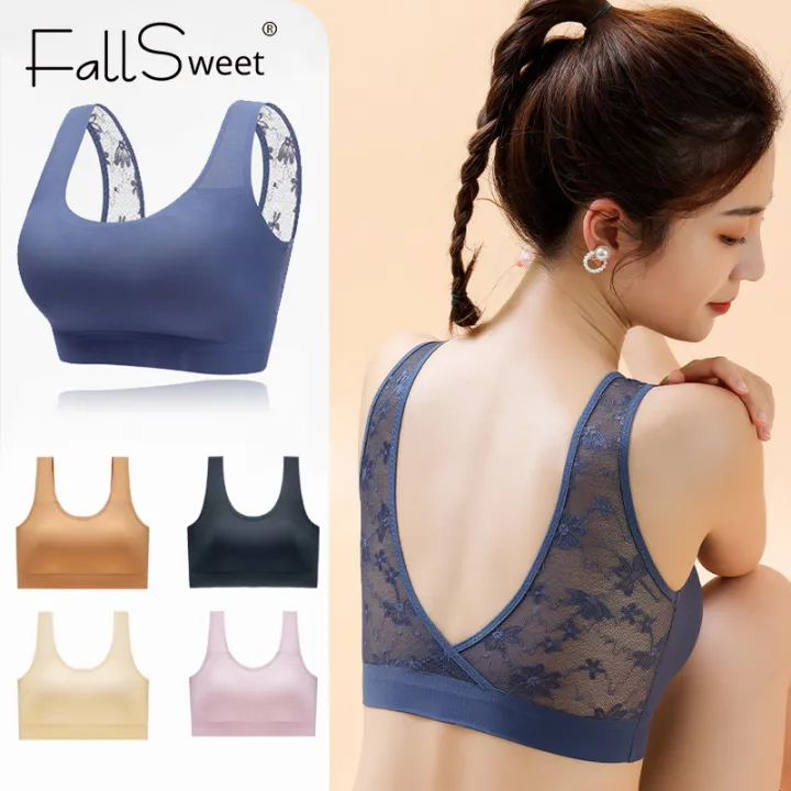 FallSweet Women Seamless Bra Sexy Lace Cross Backless Underwear Ice Silk Breathable Gathered ...